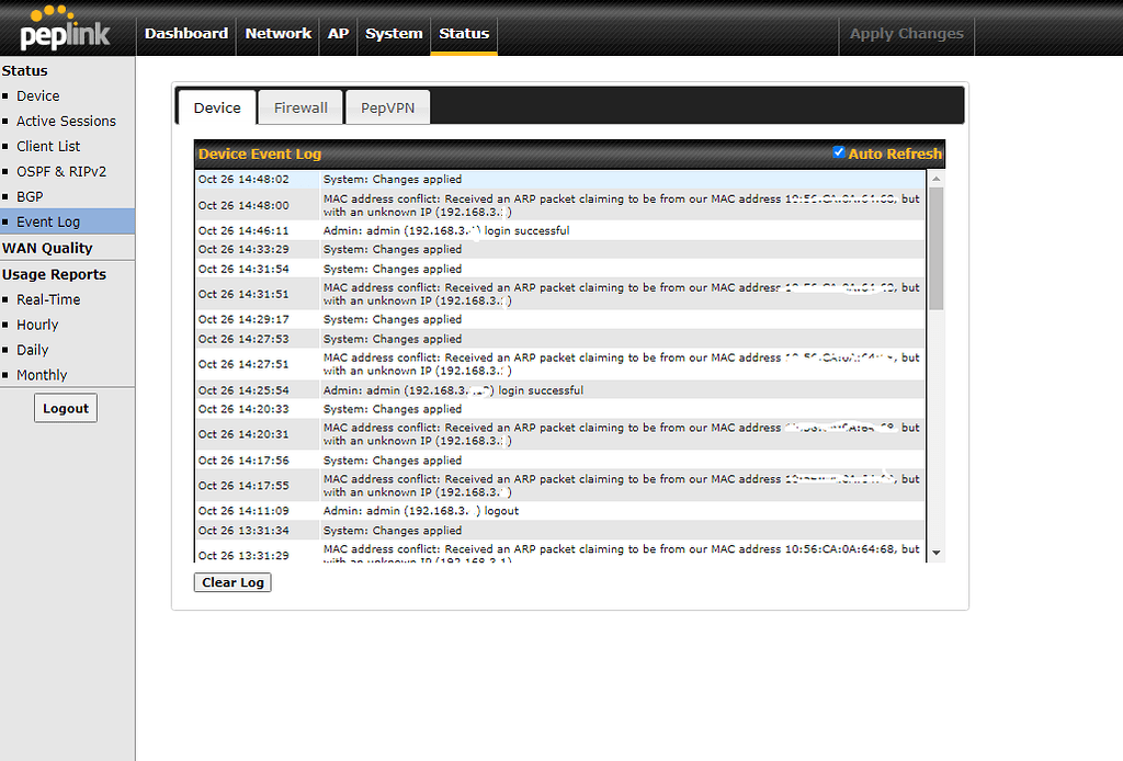 MAC ADDRESS CONFLICT Received an ARP Packet - Everything Else - Peplink Community